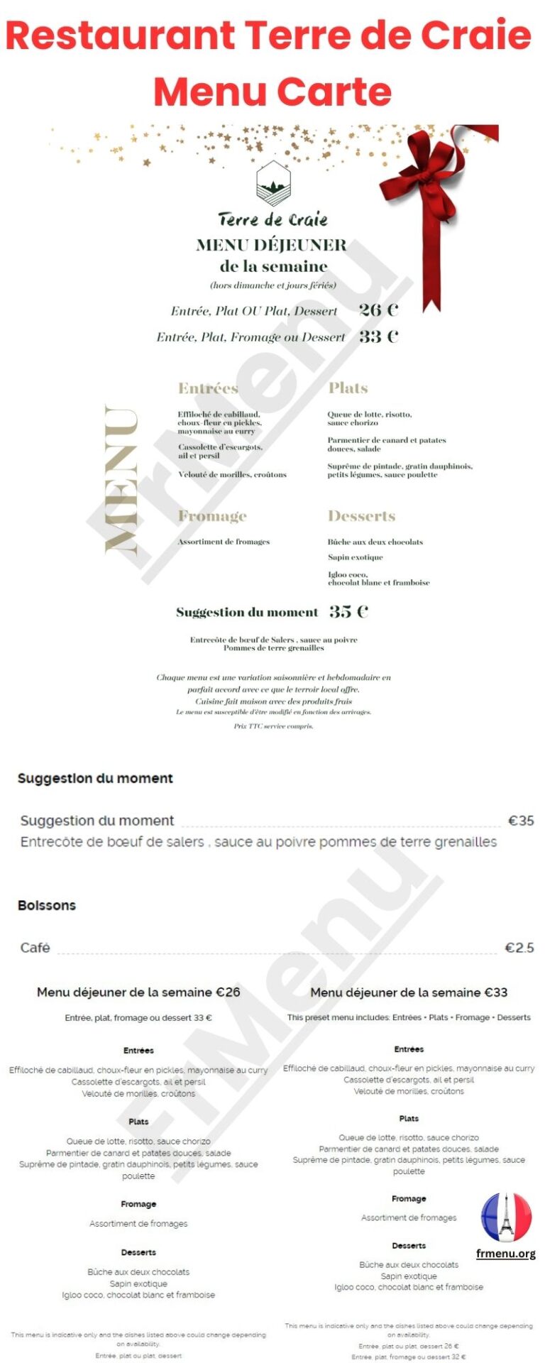 Terre de Craie Menu Prix Blancs-Coteaux 2024 et Photos