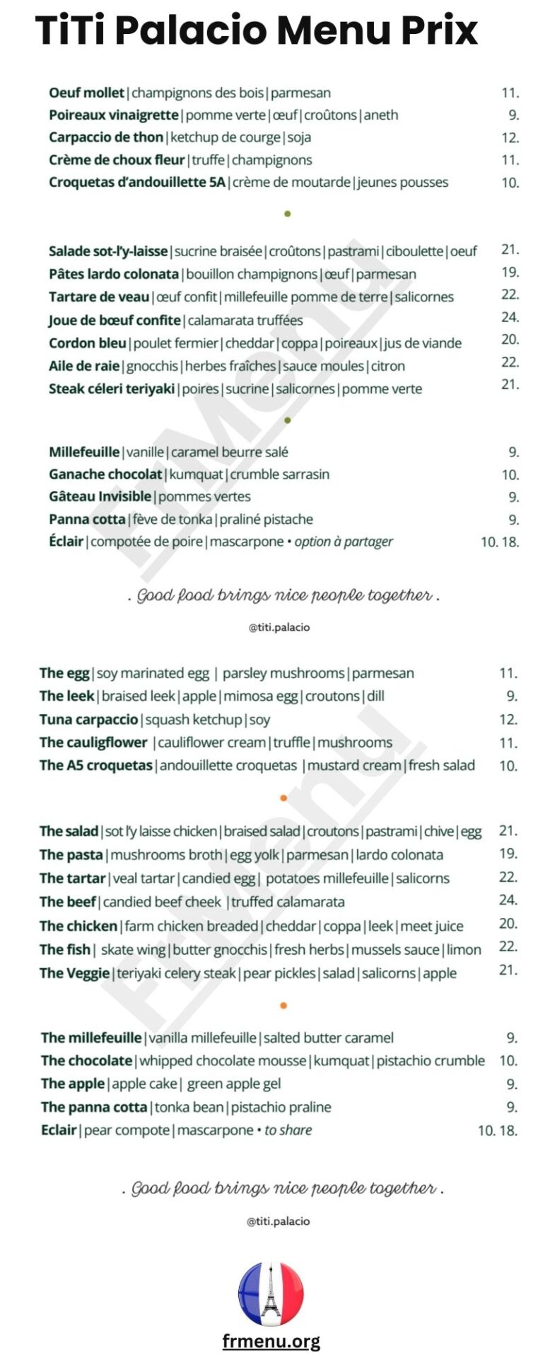 TiTi Palacio Menu Prix Paris 2024 et Photos