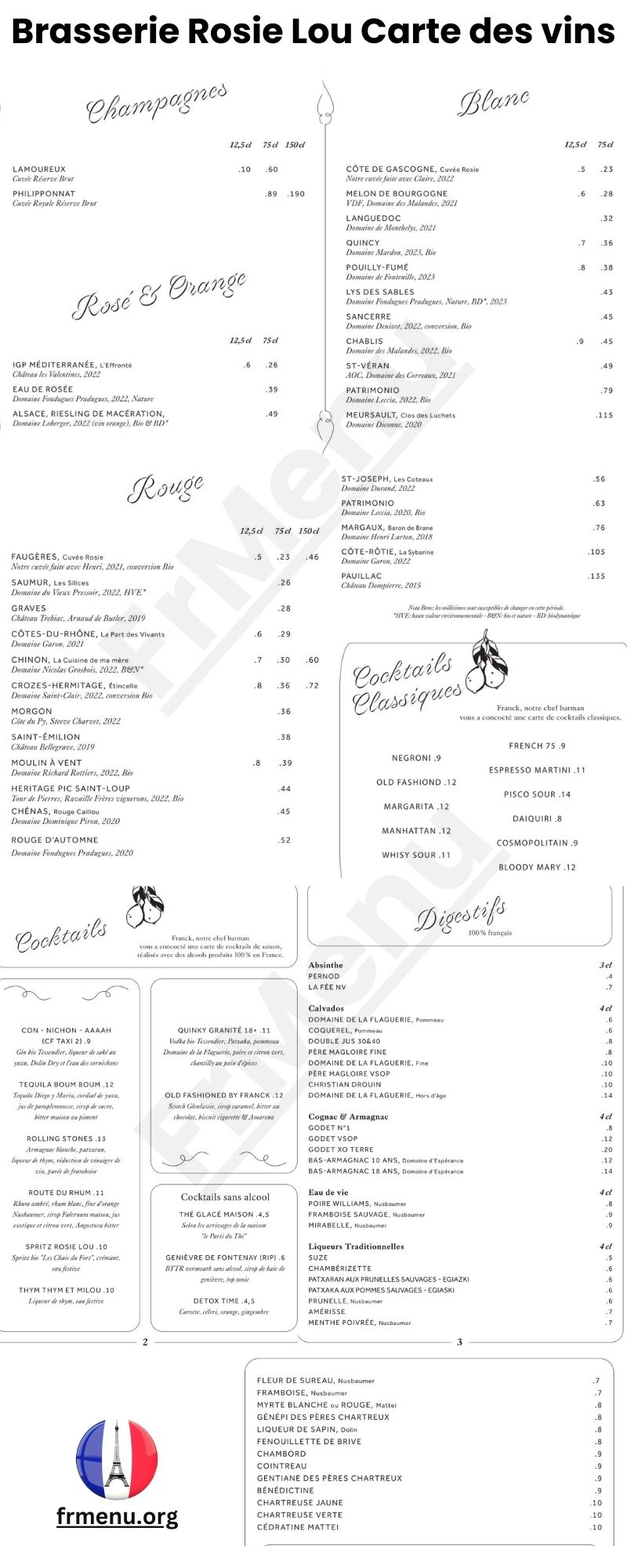 Brasserie Rosie Lou Menu Prix Paris 2024 et Photos