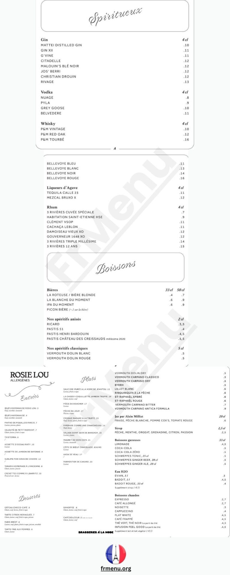 Brasserie Rosie Lou Menu Prix Paris 2024 et Photos